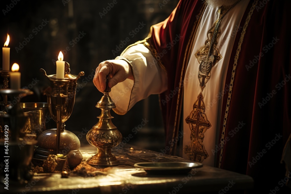 A priest in liturgical vestments, pouring sacred oil on the altar ...