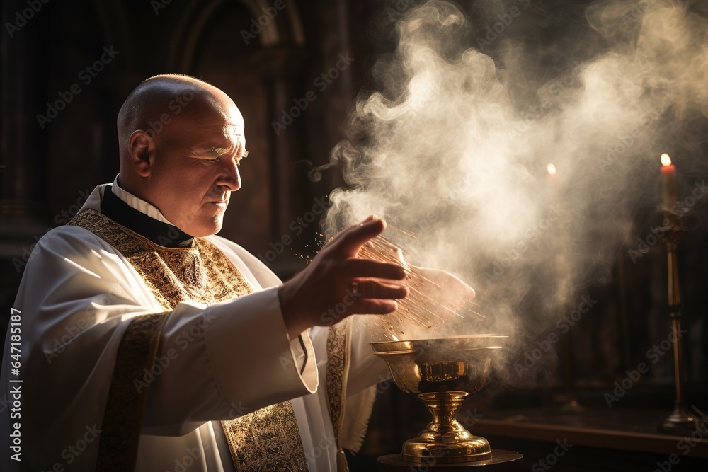 A priest preparing the Eucharist during a solemn Advent Mass, with ...