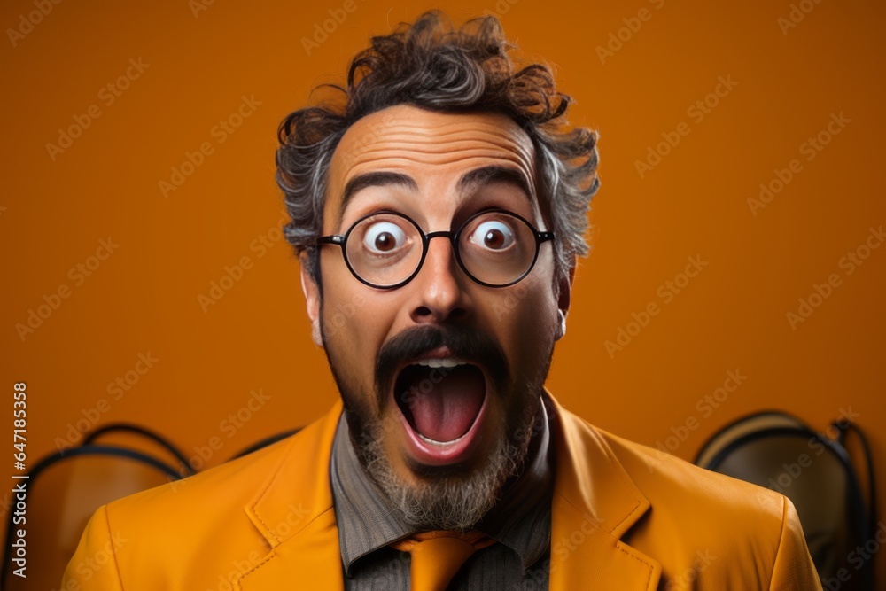 Excited person with a surprised expression on an orange background ...