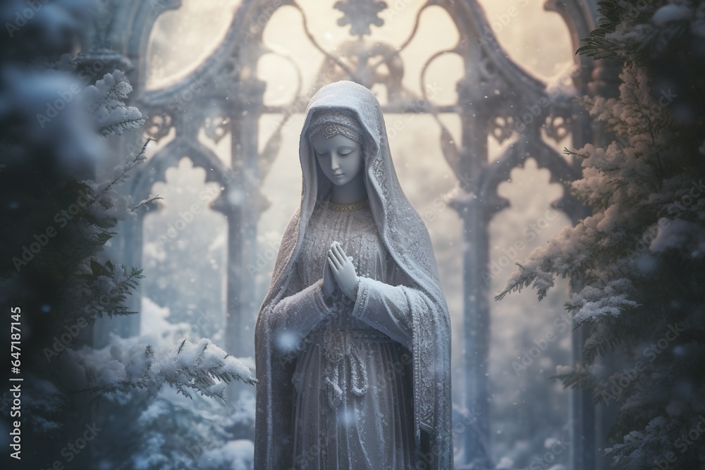 A snowy statue of Virgin Mary, standing pristine in a winter garden ...