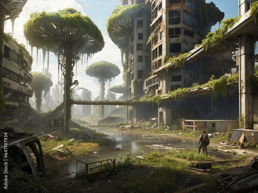 Visualize a post-apocalyptic world where nature reclaims its dominance ...