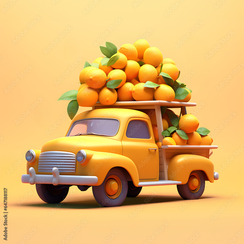 Truck with mandarin oranges 3d cartoon background. Orange fruits farm ...
