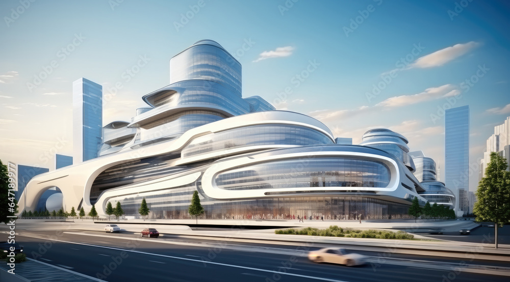 Architectural high rise shopping center building, Futuristic city mall ...