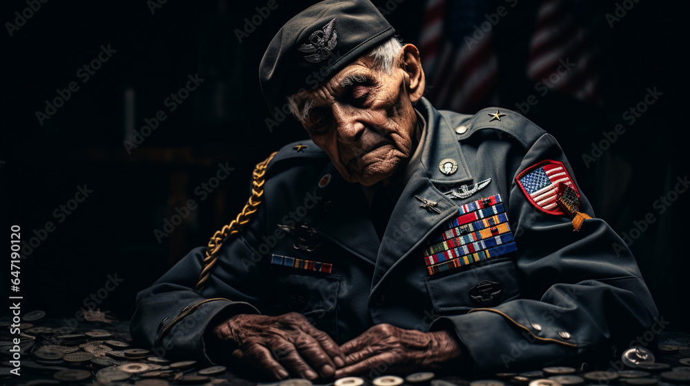 An emotional portrayal of a World War II veteran, his weathered face ...