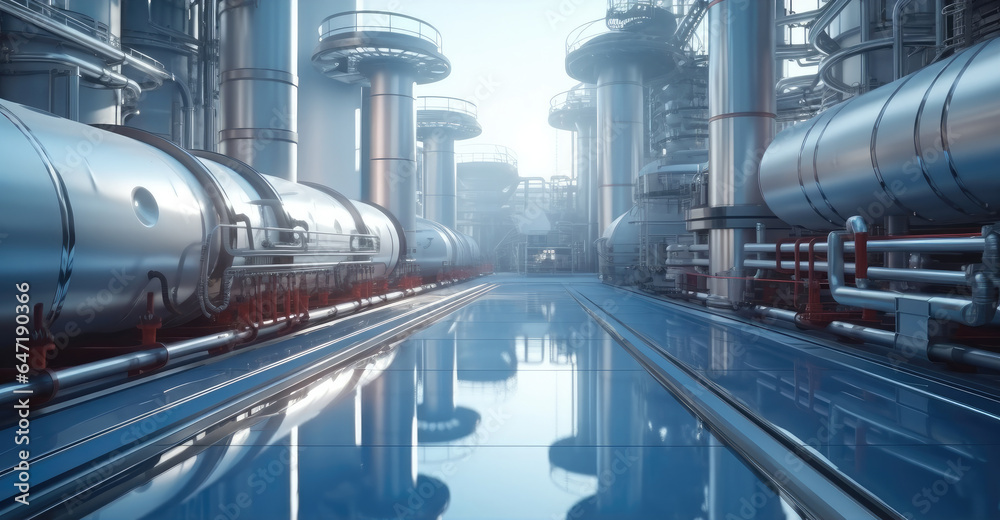Large steel industrial tanks with metal pipes around, Inside hydrogen ...