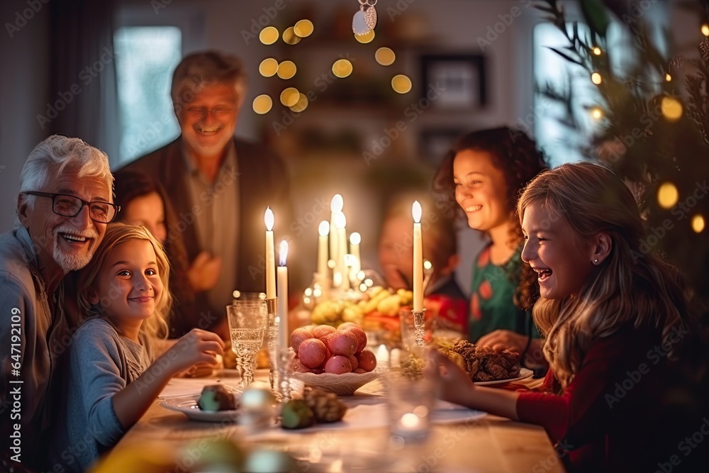 A festive family gathering around a dinner table, celebrating Christmas ...