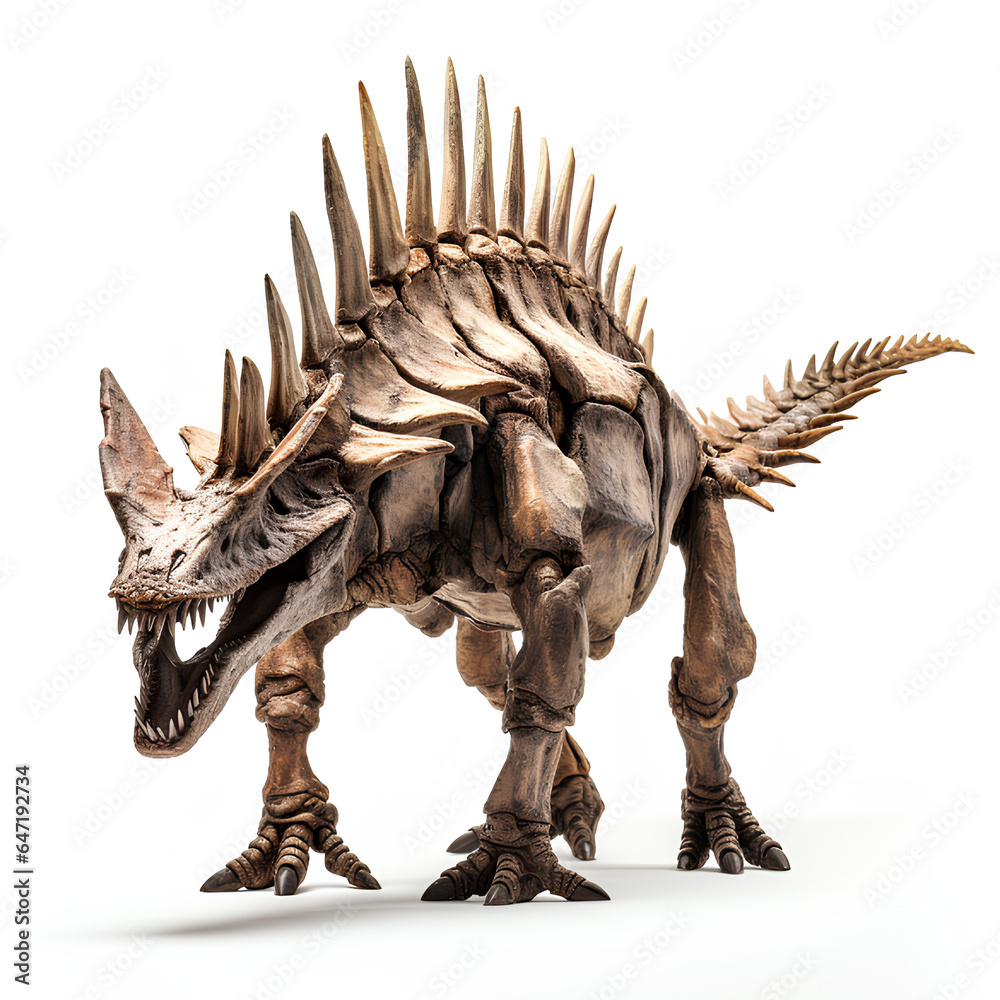 Skeleton of triceratops standing on white, fossils. Museum exhibition ...