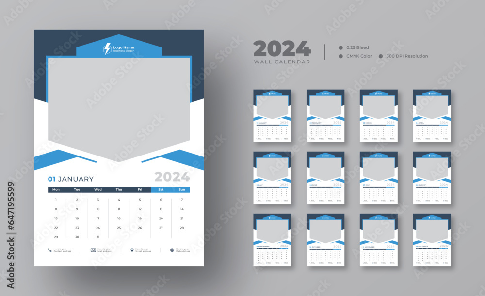 Wall calendar design template 2024, Set of Monthly pages Calendar ...