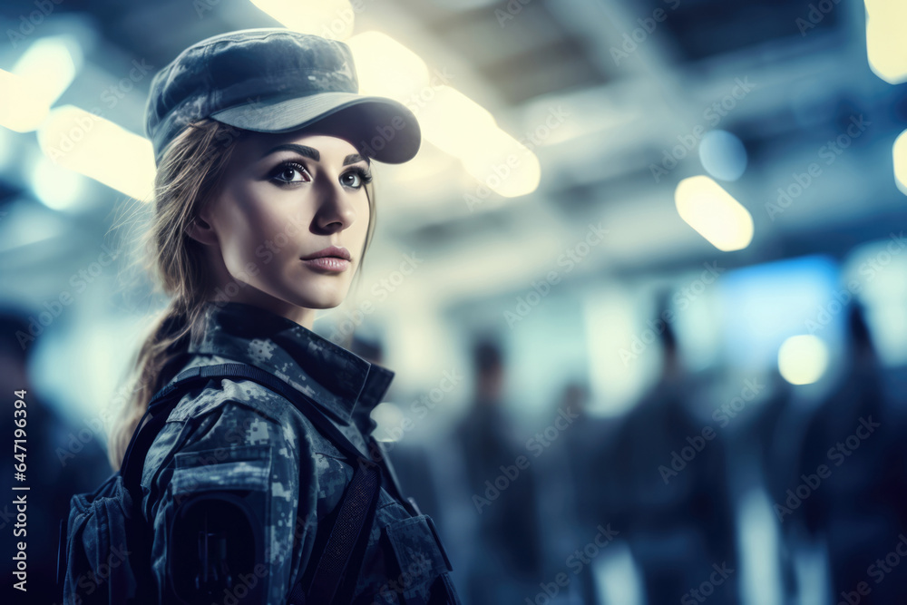 Woman Guard On Defocused Background Military Bases . Сoncept Women In ...