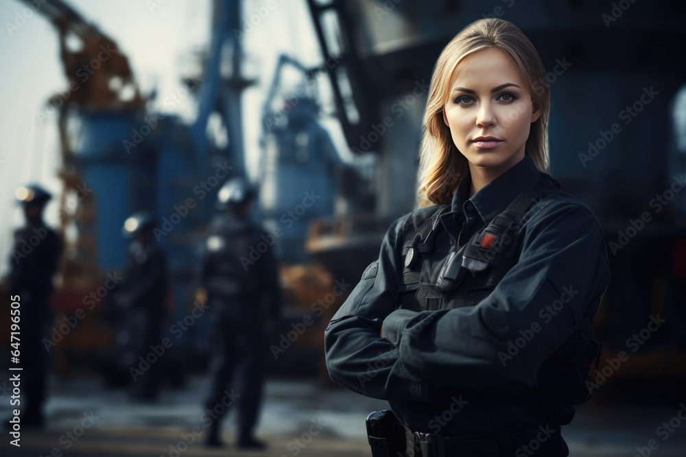 Woman Guard On Defocused Background Oil Rigs . Сoncept Female ...