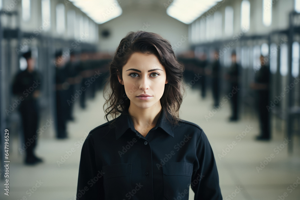 Woman Guard On Defocused Background Prisons . Сoncept Women In ...