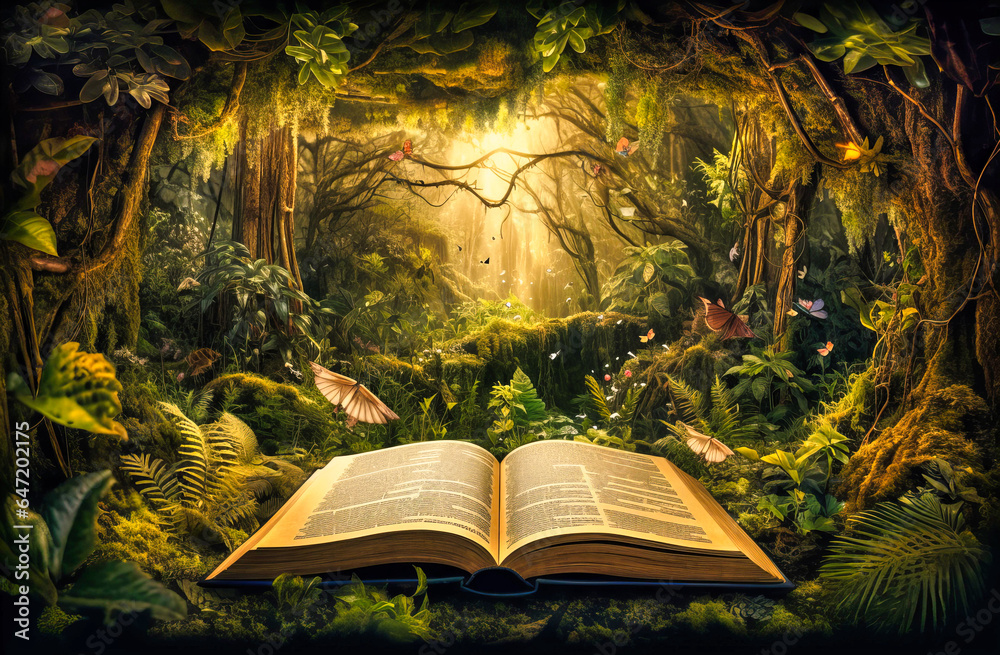 Open Book in the Jungle - Adventure Reading Stock Illustration | Adobe ...