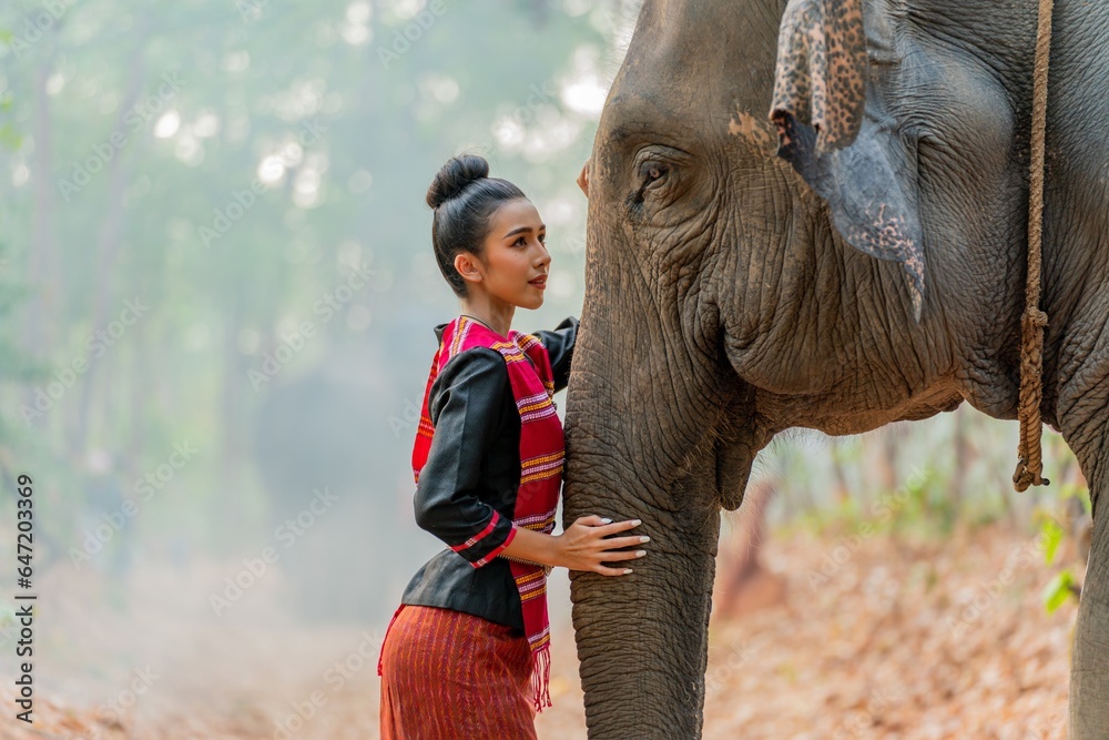 Young asian thai woman in traditional northeast costume pampering an ...