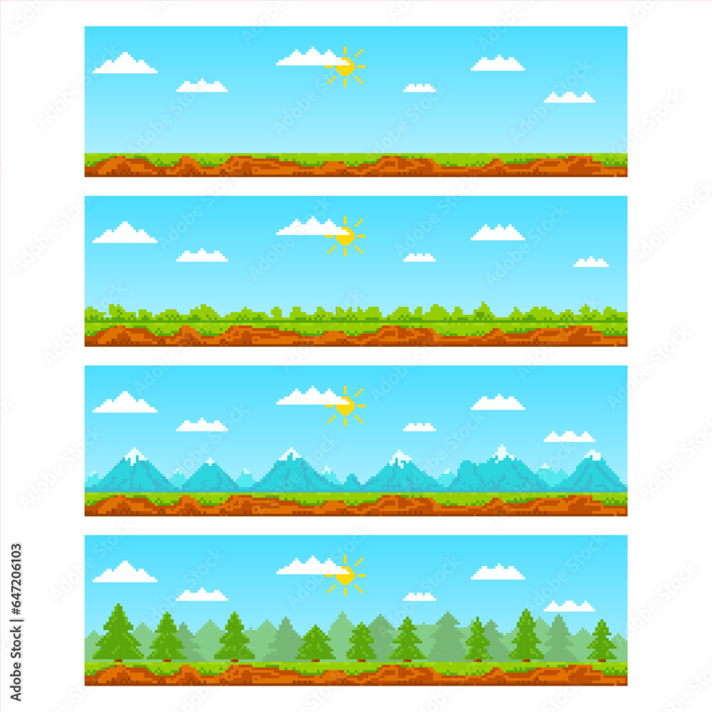 A set of pixelated seamless landscape background with sky, clouds, sun ...