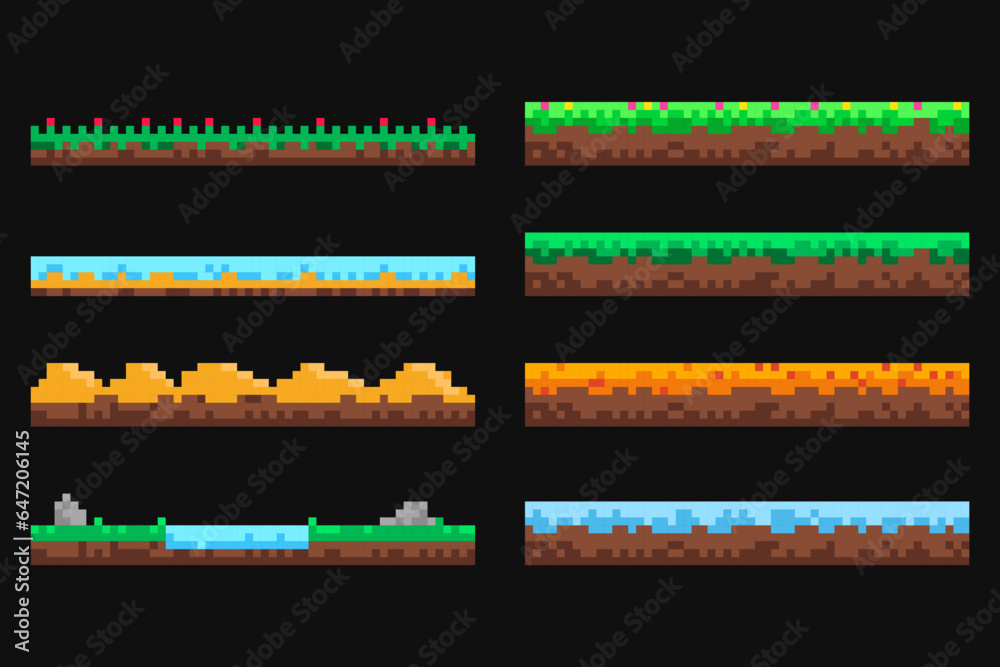 A set of pixelated seamless game background and landscape elements ...