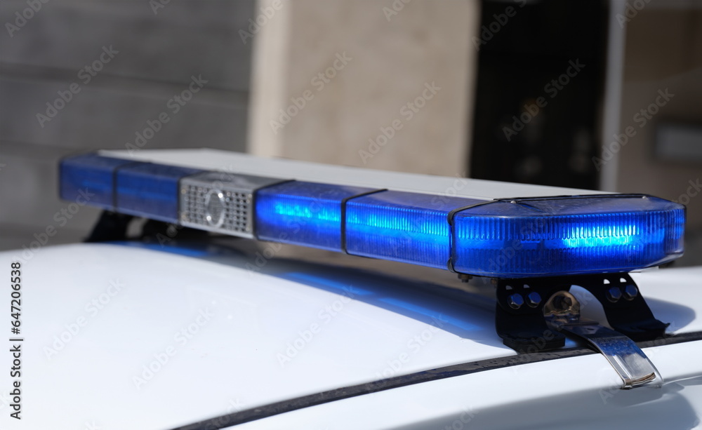Police car with red and blue warning lights. Light panel and siren on ...