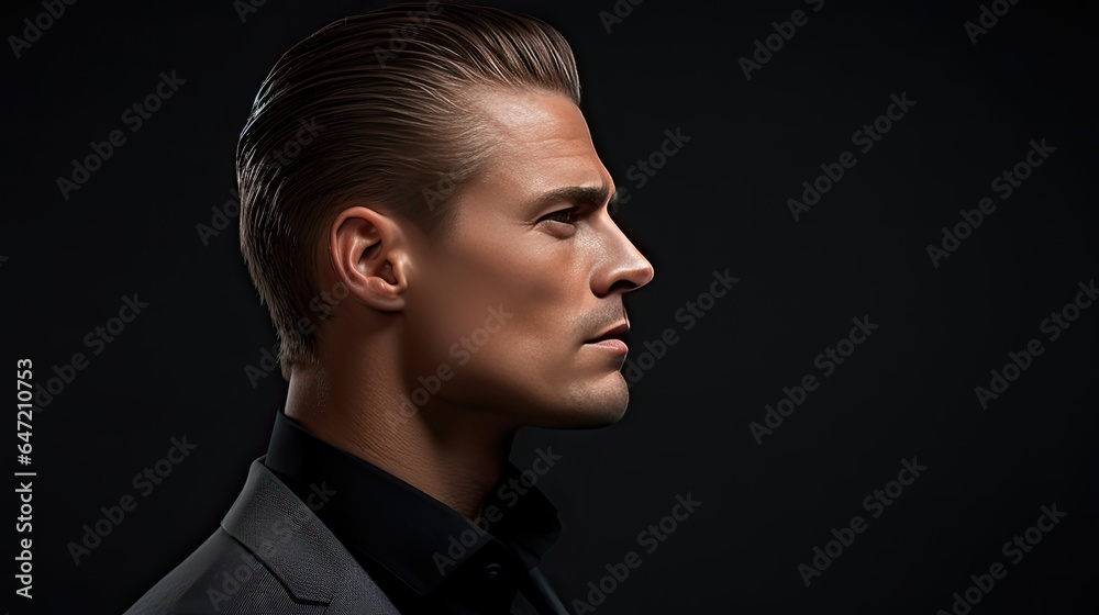 Model with hair slicked back, emphasizing strong jawline, against a ...