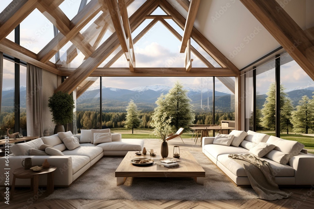 Luxurious living room with parquet floor, wooden roof trusses ...