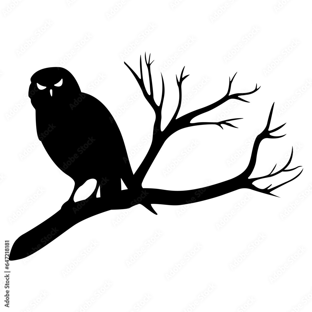 Happy Halloween black silhouette of spooky owl perched on tree branch ...