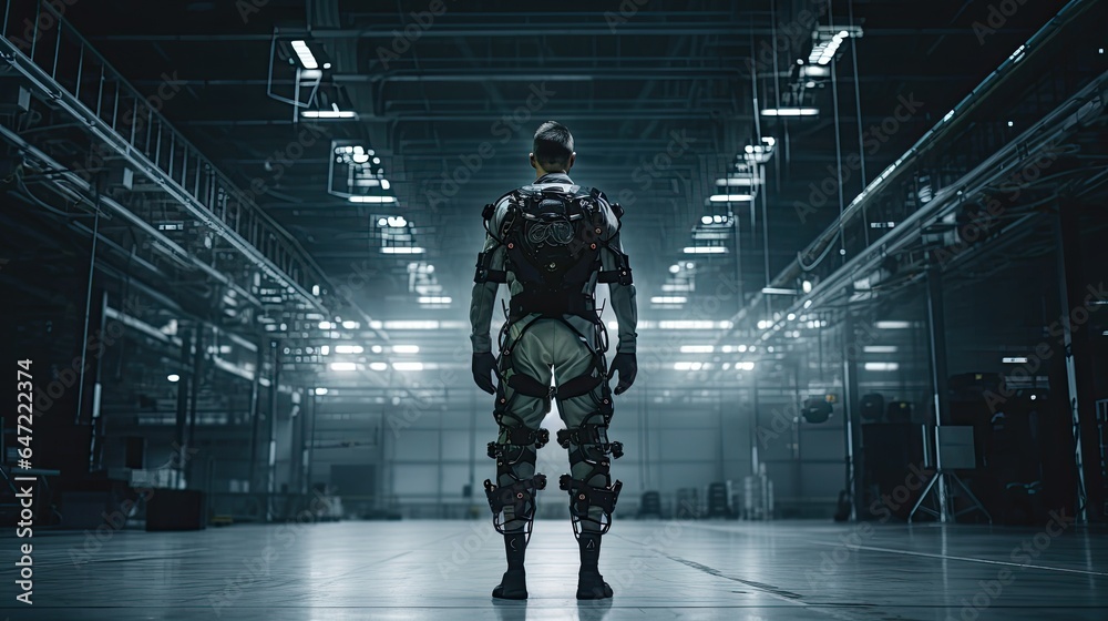 Model with an exoskeleton, emphasizing strength augmentation, in a ...