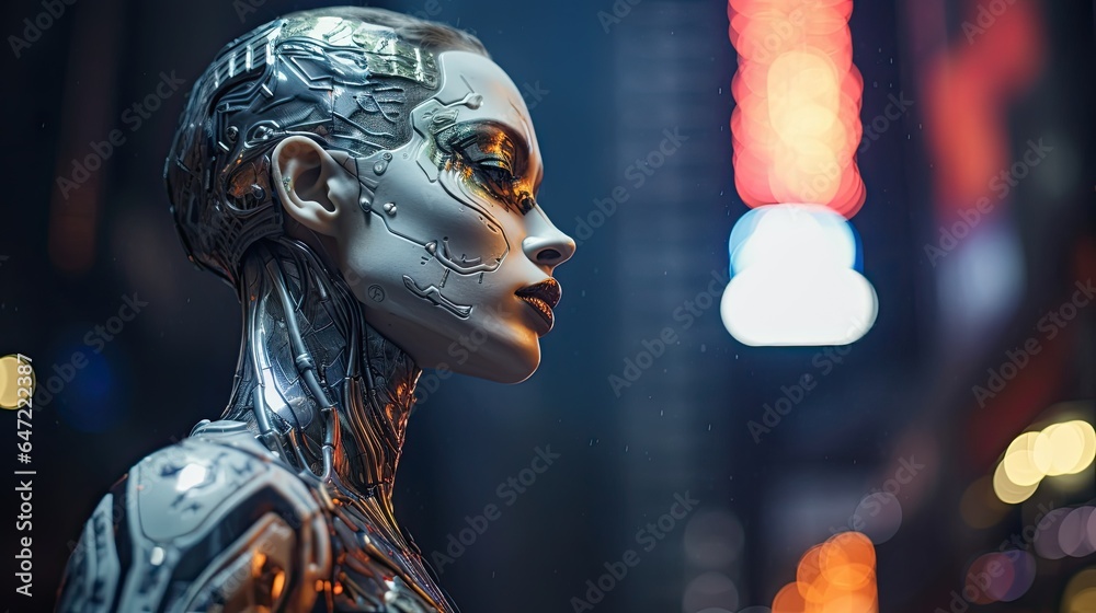 Model with half face painted metallic, depicting human-robot duality, against a cyberpunk city ...