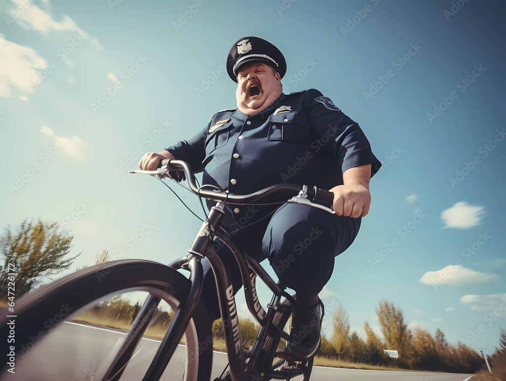 Funny picture of body positive, fat police officer riding fast on bike ...
