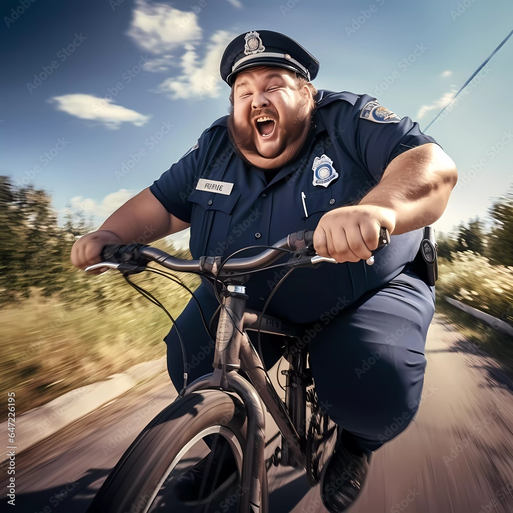 Funny picture of body positive, fat police officer riding fast on bike ...