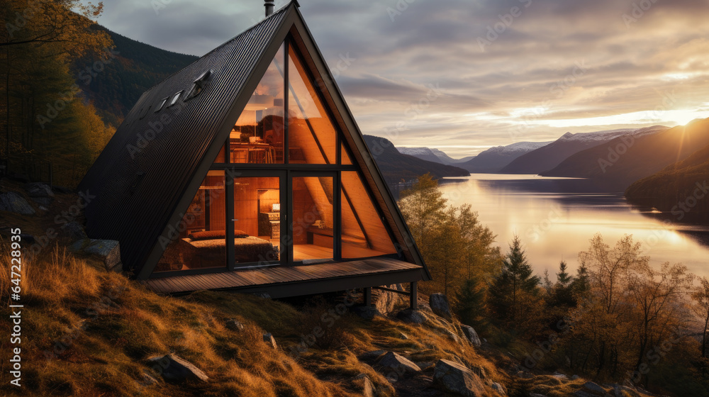 Beautiful A-frame cabin in the wilderness with a view of dramatic ...