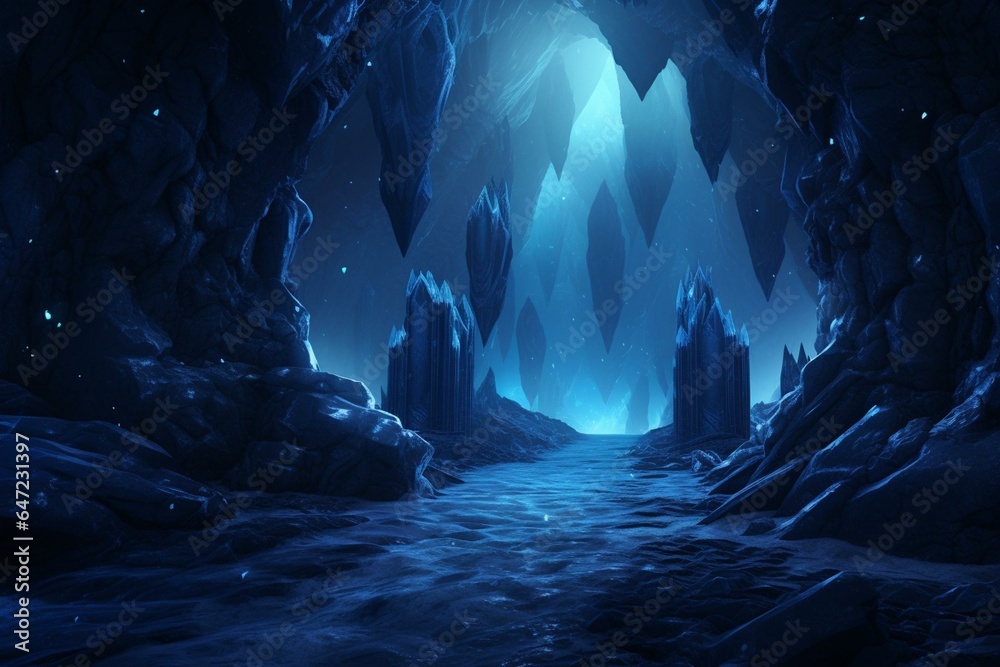 Abstract underground fantasy caves with rays of light in a dark icy ...