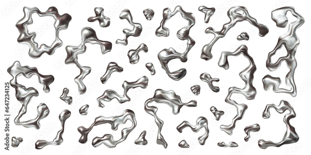Vetor de Chrome 3D liquid metal elements set in Y2K style. Wavy metal ...