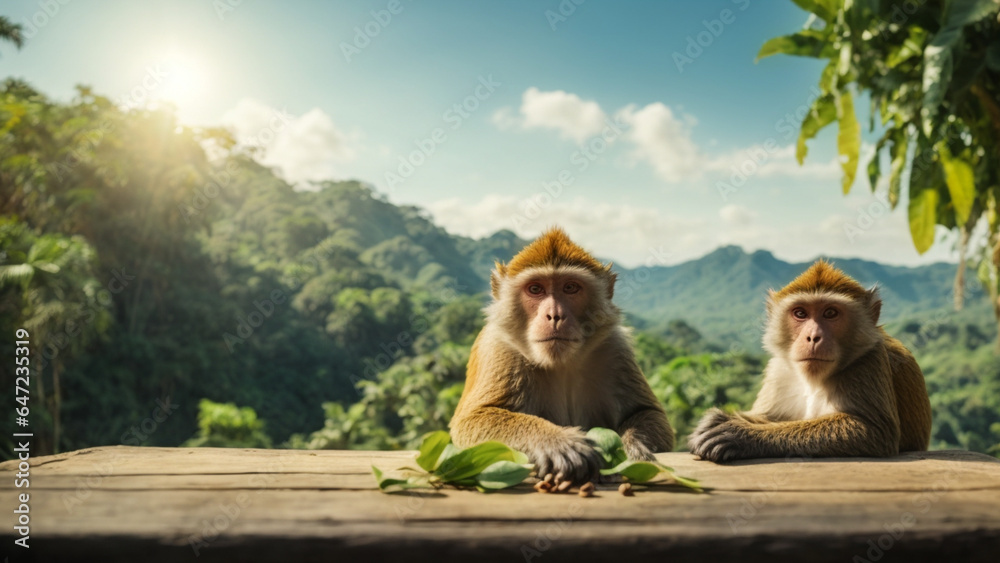 wooden table with monkeys on blurred jungle landscape background, can ...