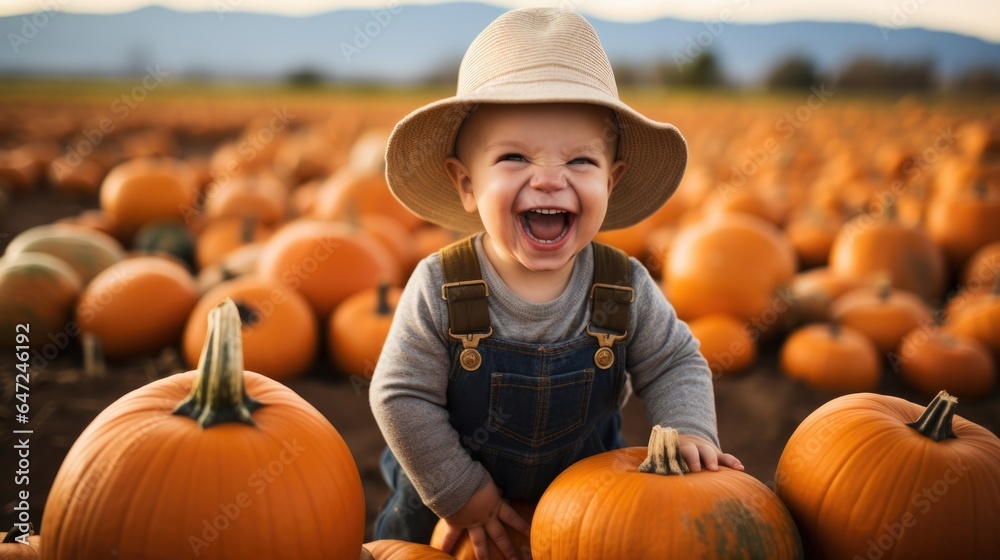 Beautiful little boy in pumpkin patch field at sunny autumn day. Happy ...