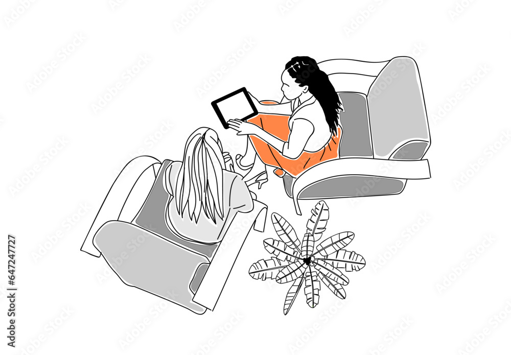 Two business women working together top view scene. Black and blonde ...