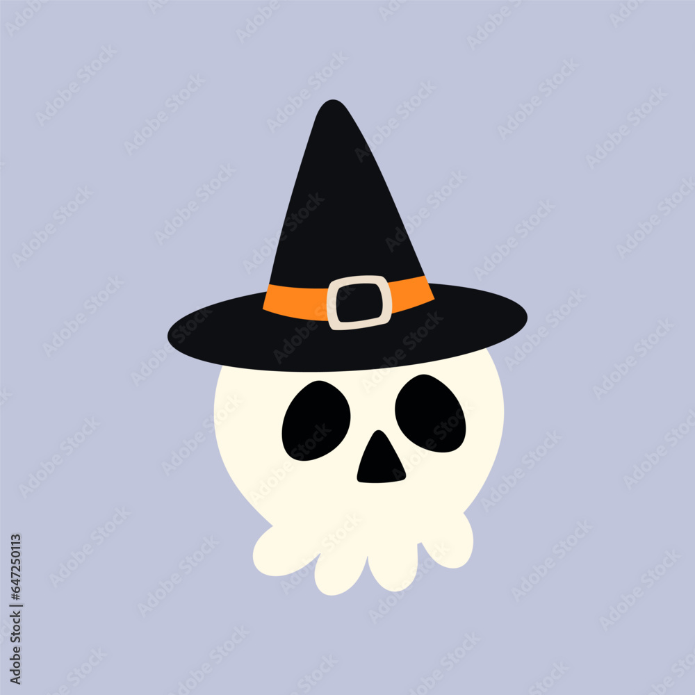 Vetor de Cute hand drawn Halloween skull in a hat. Human remains ...