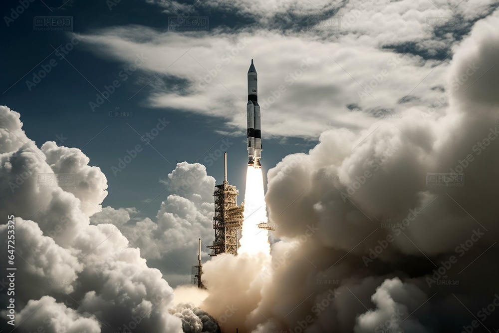 Spacecraft launching towards the moon with clouds in the sky. Part of ...