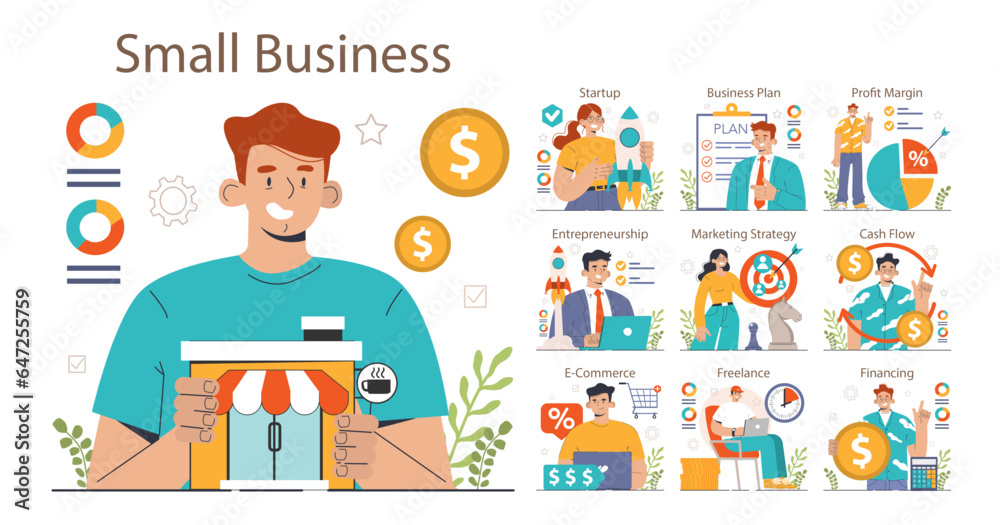 Small business set. Starting and developing a new start-up or local ...