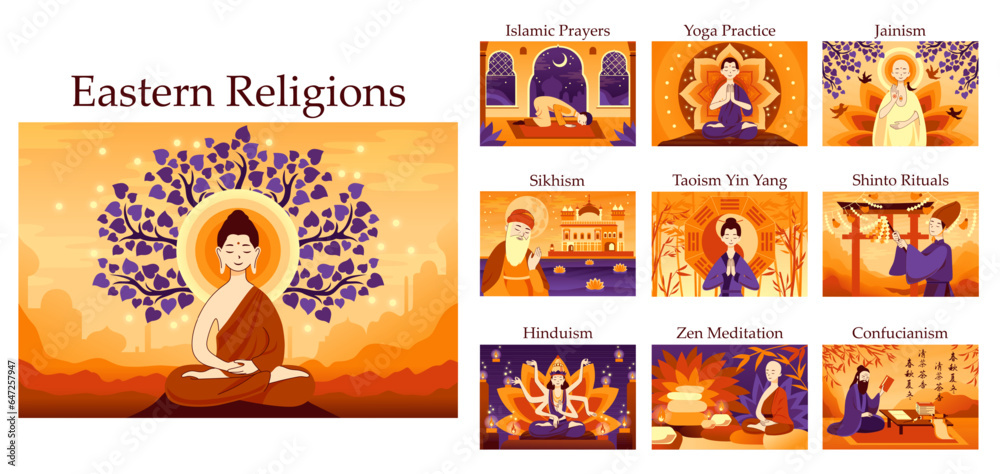 Eastern religion set. Asian and middle East religious ideas and rituals ...