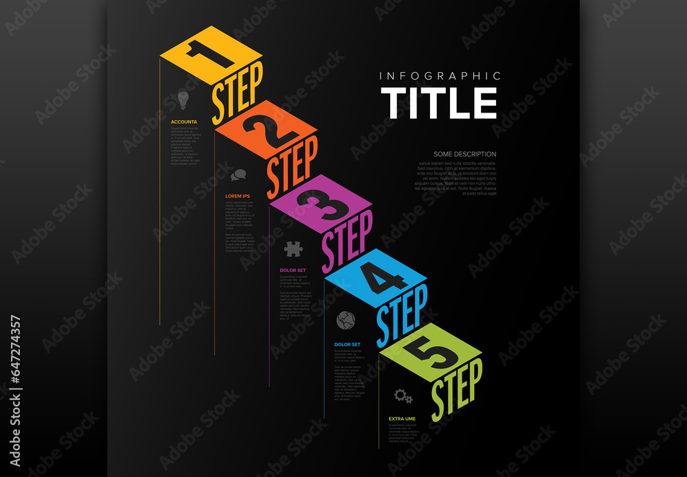 Dark Infogrpahic five steps diagram template for workflow, business ...