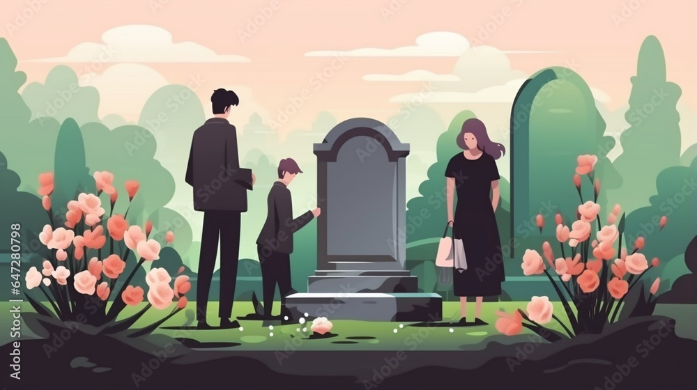Cartoon mourning people at graveyard flat vector illustration. Men and ...