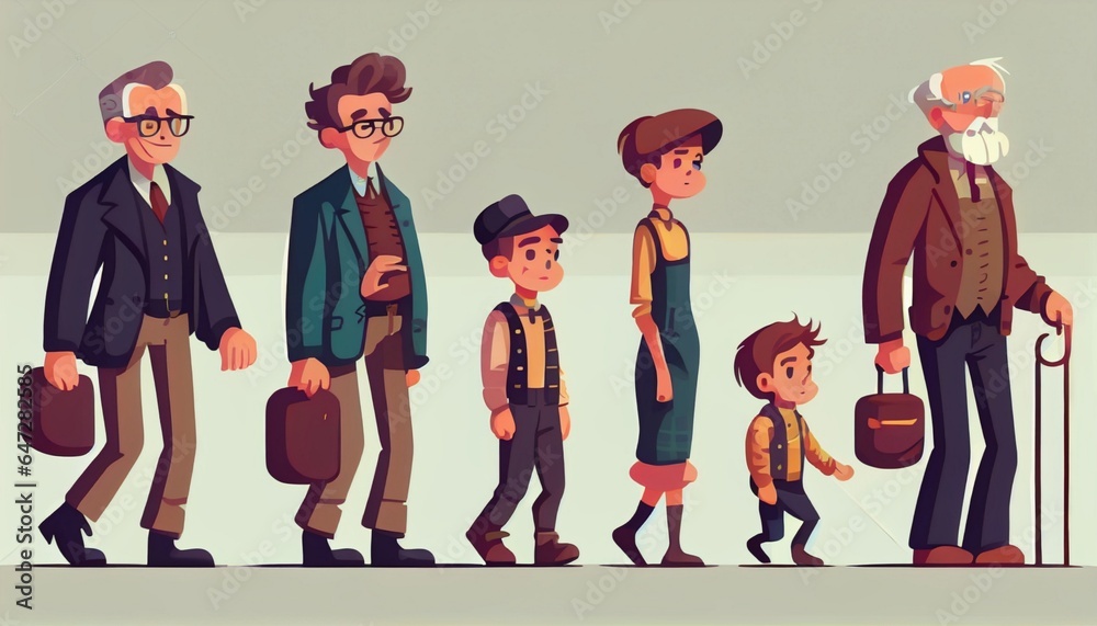 Character of a man in different ages. A baby, a child, a teenager, an ...