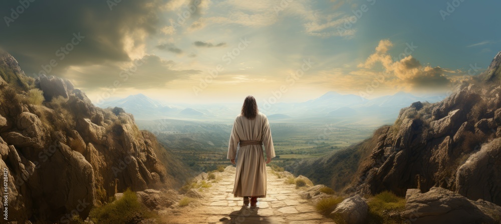 Jesus Christ with nature landscape background. Generative AI technology ...