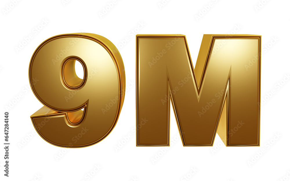 Luxury Golder 3D Rendering isolated on transparent background for Nine millions or 9M followers ...