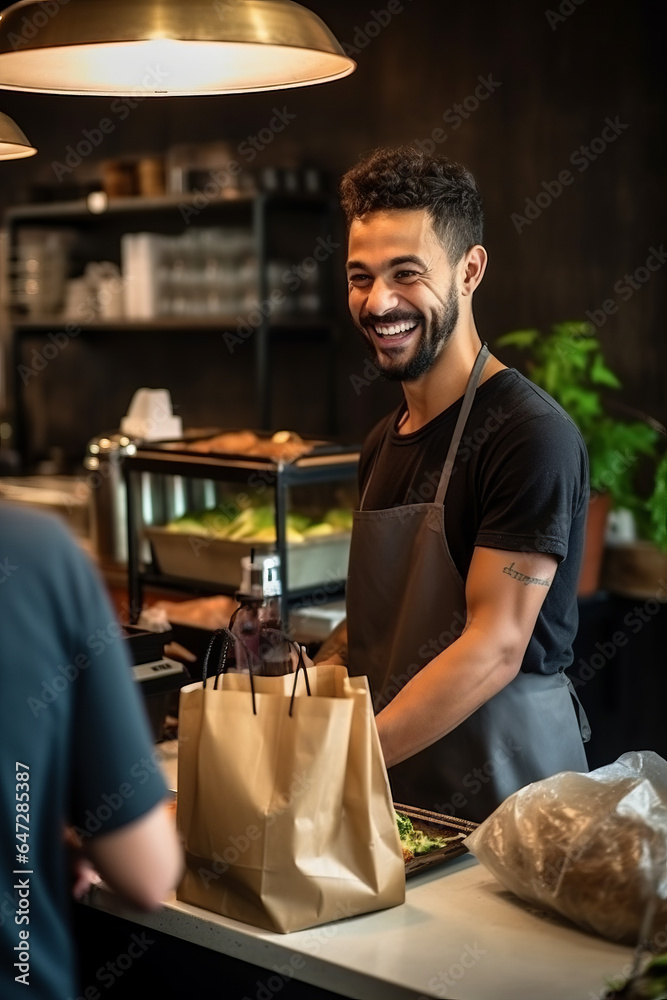 Waiter serving takeaway food to customers at counter in small family ...