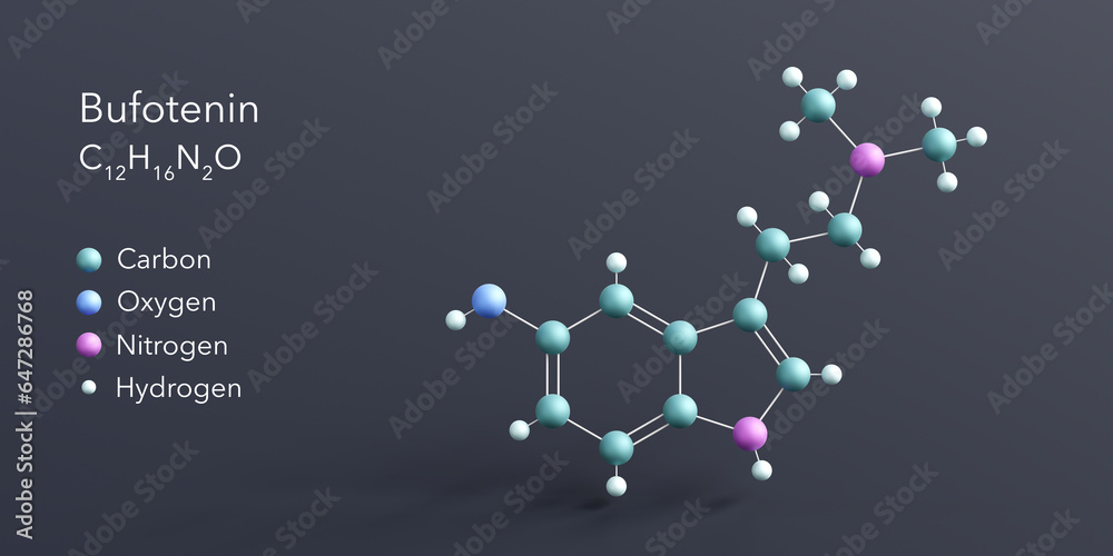 bufotenin molecule 3d rendering, flat molecular structure with chemical ...