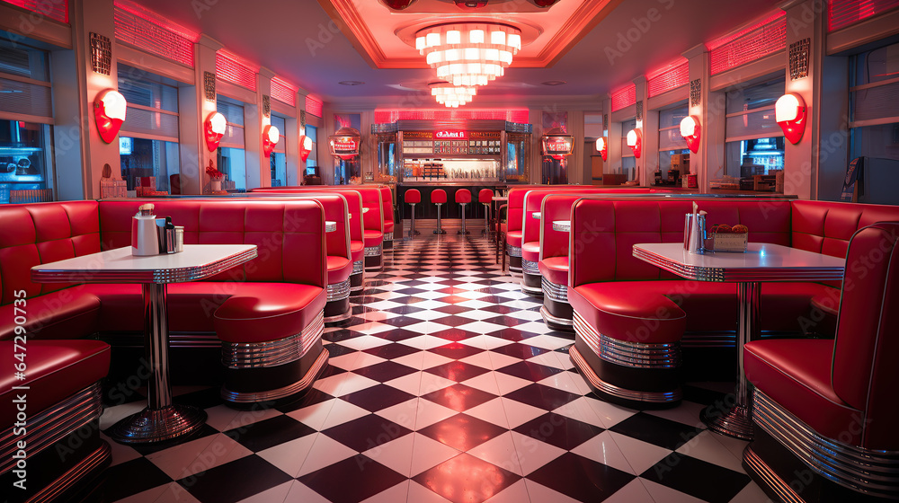 Evoking the 1950s, the diner features checkered floors, vibrant neon ...