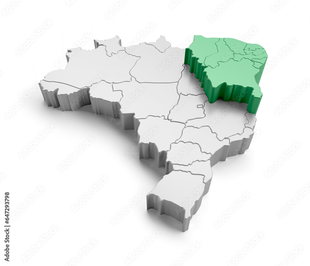 Isometric map of brazil with emphasis on the northeast region on ...