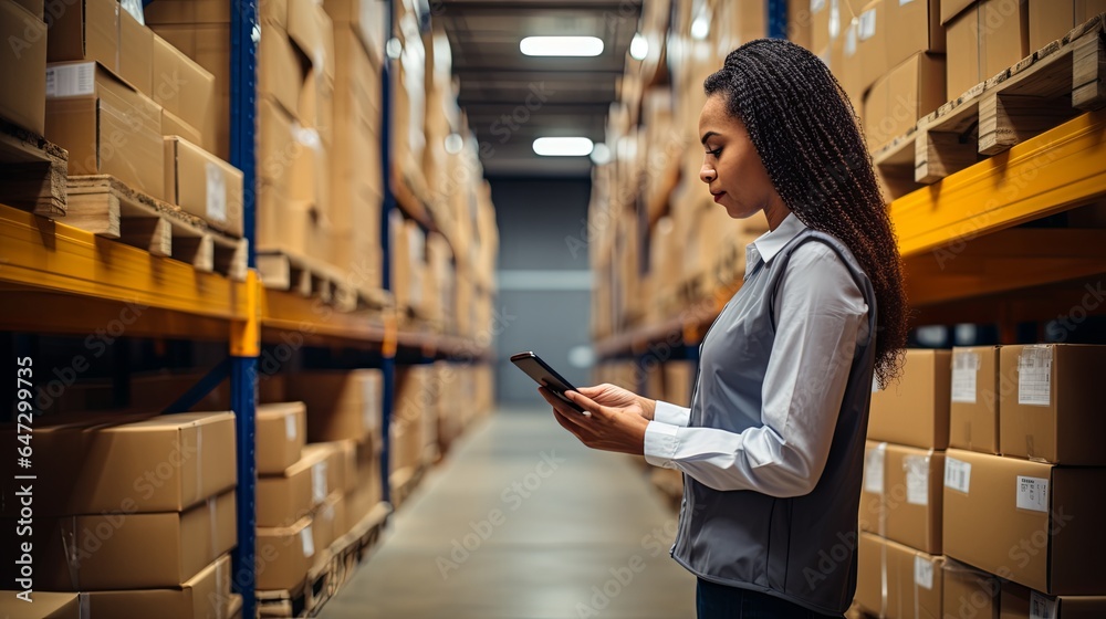 Photo & Art Print female warehouse worker using using a digital barcode ...