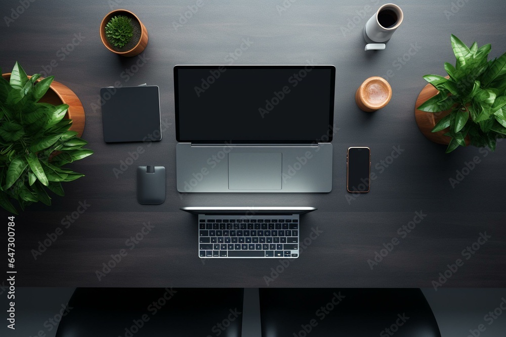 Bird's-eye view of sleek dark office desk featuring screen placeholders ...