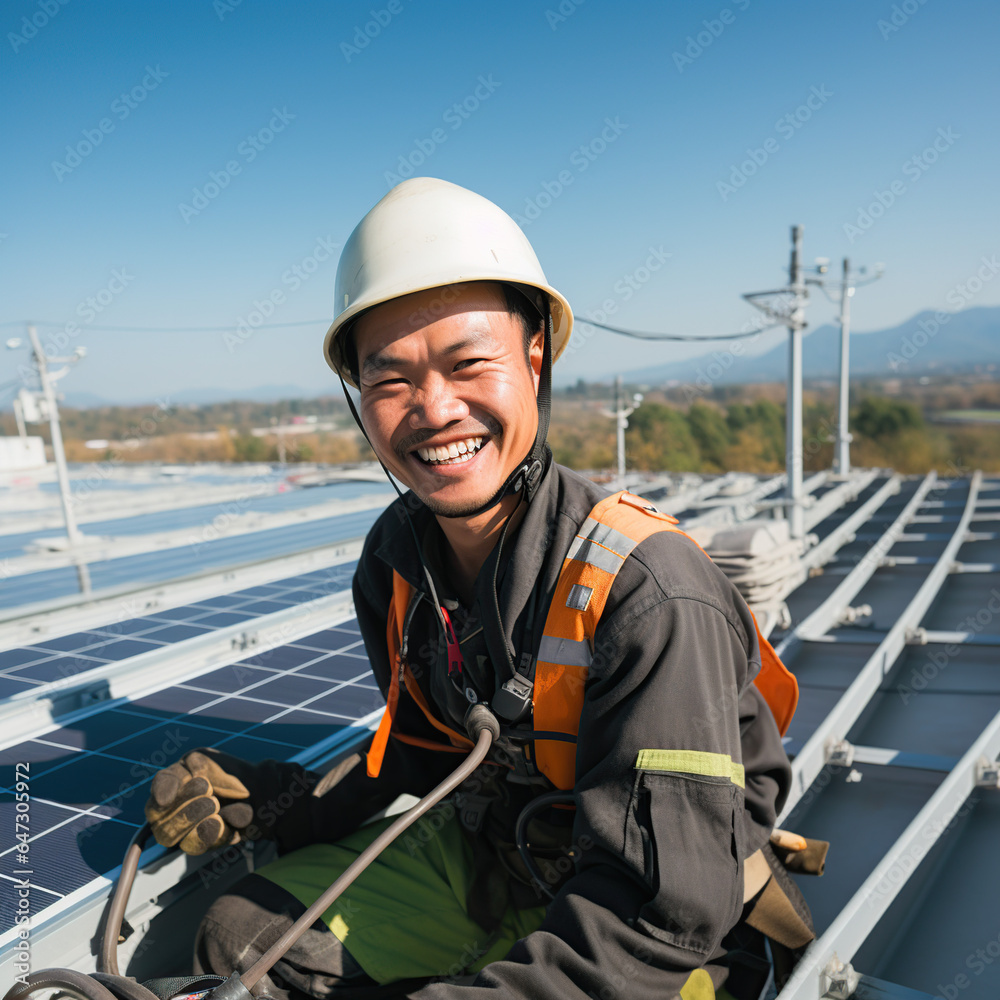 Solar power engineer installing solar panels, on the roof, electrical ...