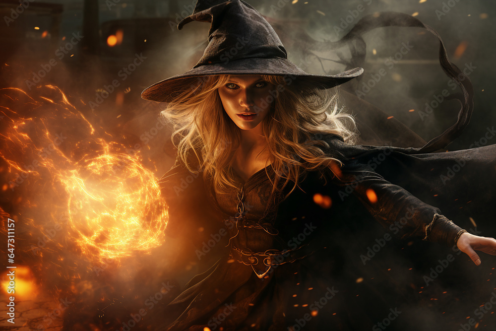 Generative ai collage picture of medieval wizard using dark magic fire ...